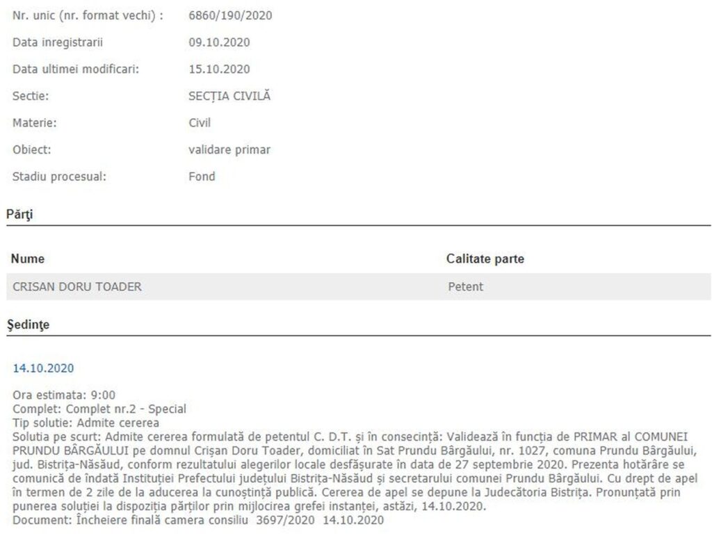 Doru Crișan, validat în funcția de primar al comunei Prundu Bârgăului – TimpOnline.ro
